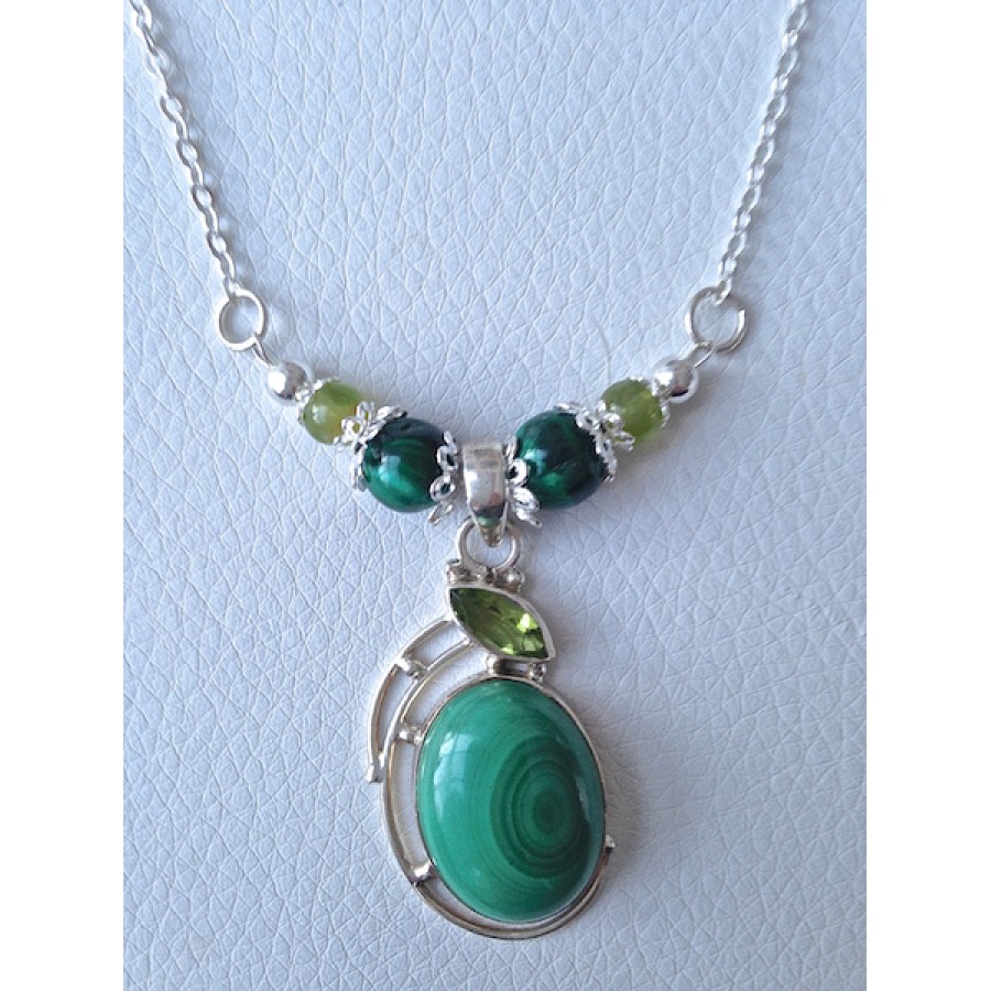 616 collier malachite, péridot, argent sterling